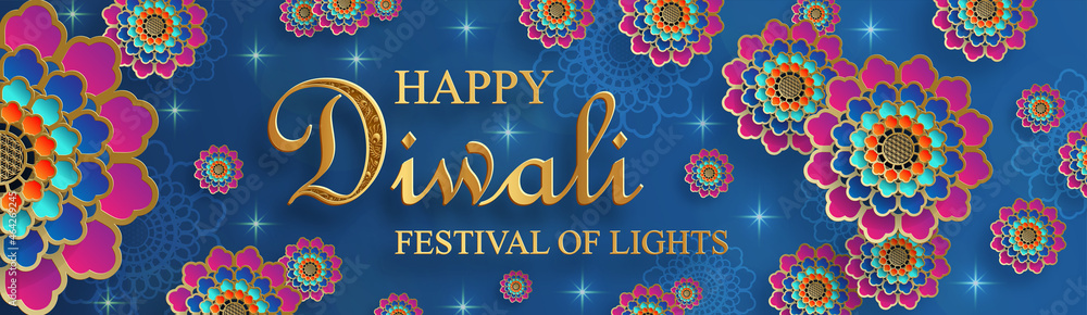 Diwali, Deepavali or Dipavali, the indian festival of lights on blue ...