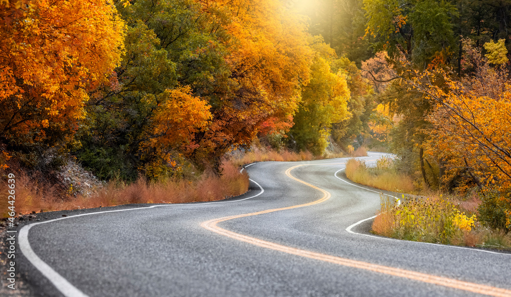 Scenic winding byway Alpine loop in Utah surrounded with brilliant fall ...