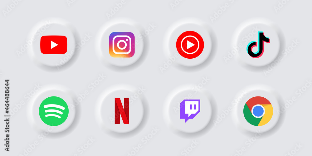 Most popular apps logo. Youtube, Instagram, Youtube Music, Tik-Tok ...