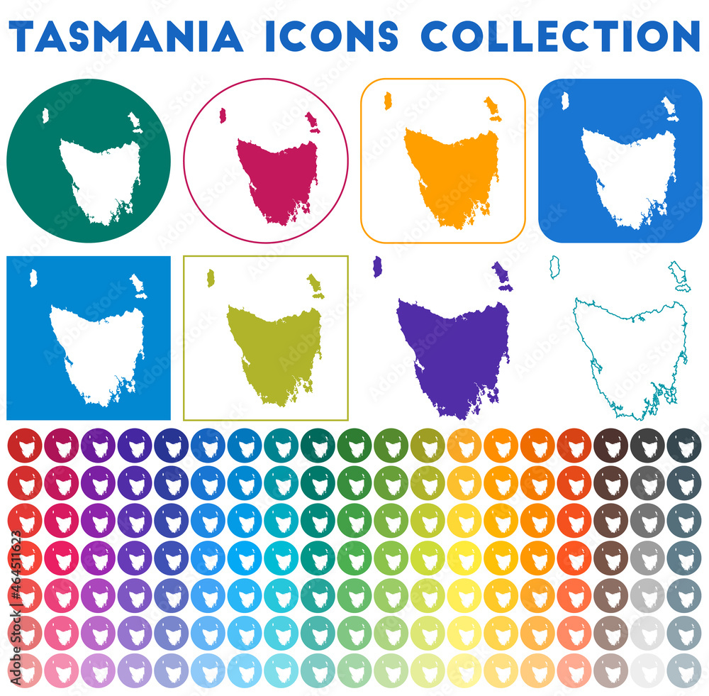 Tasmania icons collection. Bright colourful trendy map icons. Modern ...