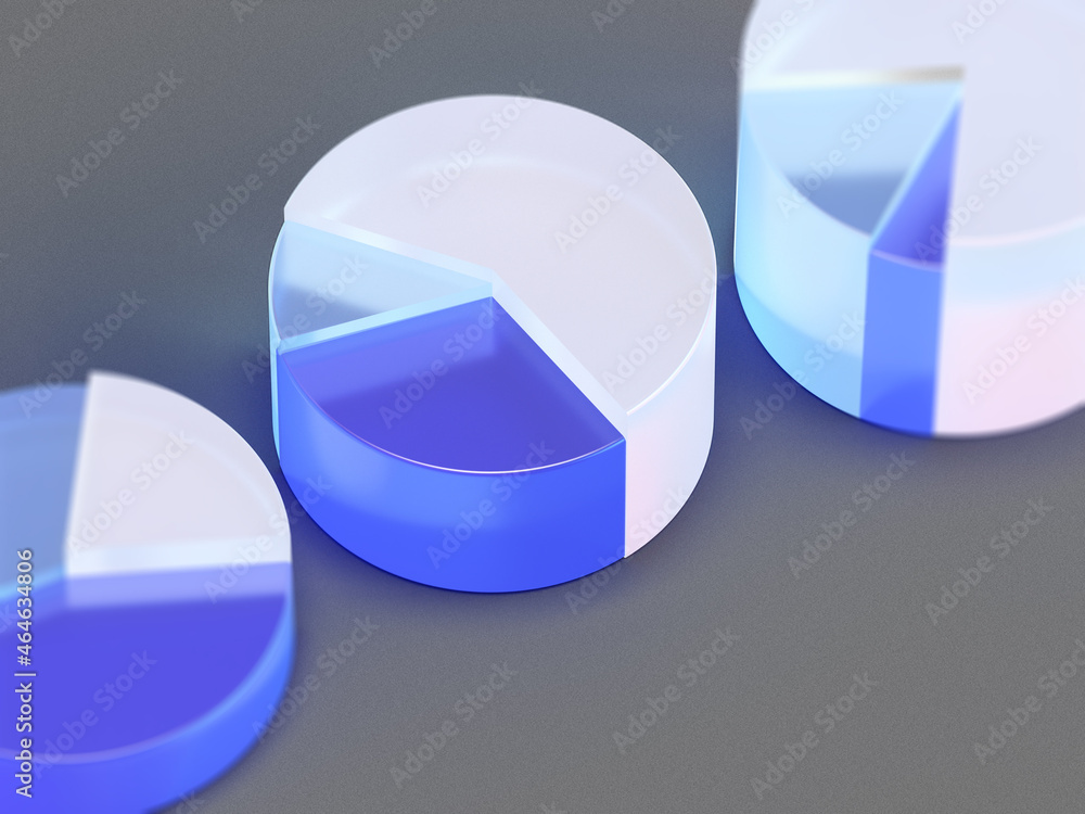 3D rendered transparent graphic charts with marked parts on a light ...