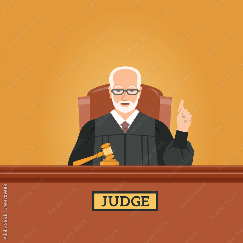 Judge mature man in courtroom at tribunal with gavel points finger up ...