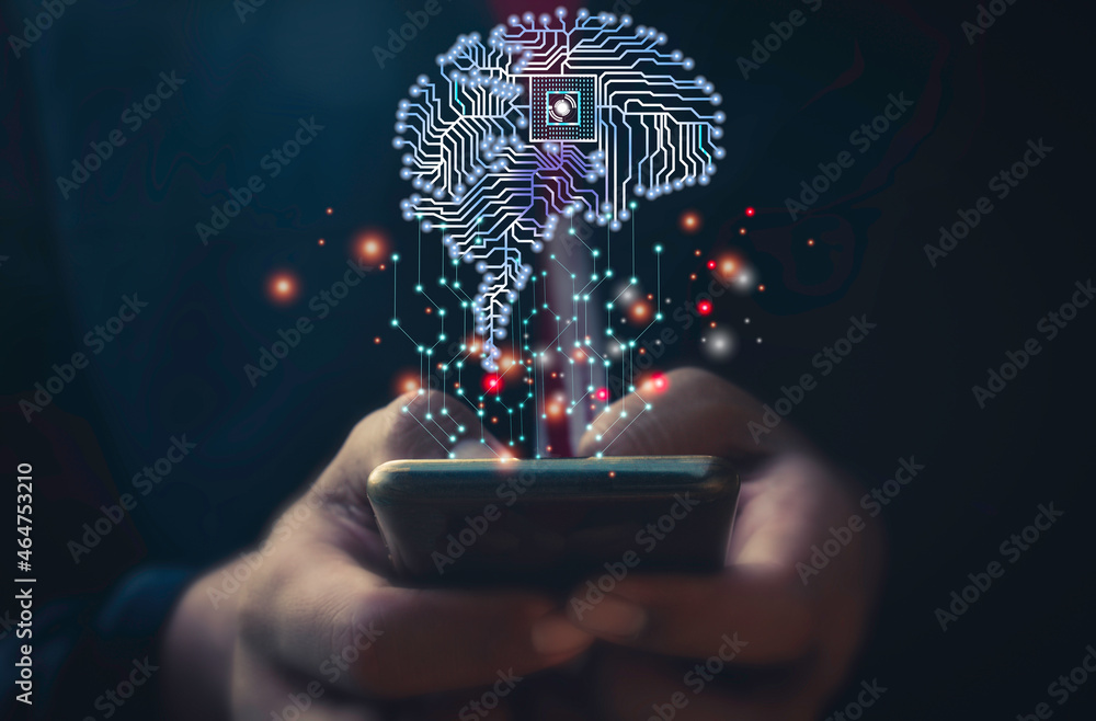 Hand use mobile phone and human head with line brain network technology ...