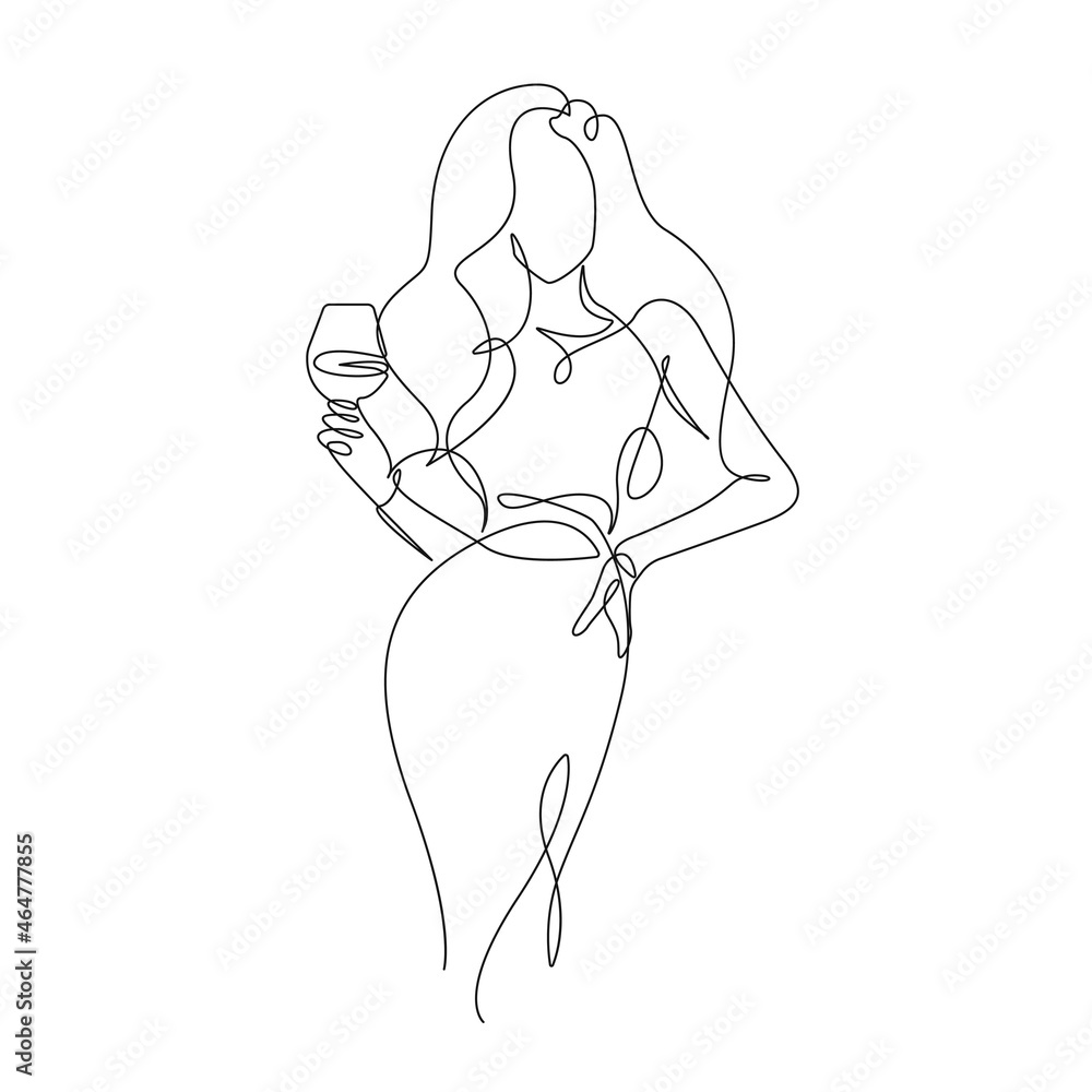 Elegant Woman Silhouette Line Art Drawing. Abstract Female Figure One ...