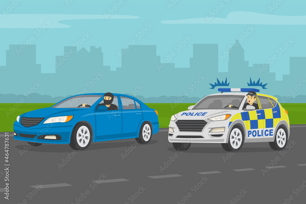 Driving a car. Angry european traffic police officer chasing criminal ...