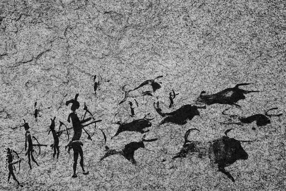 ภาพถ่าย Stock cave painting stone age rock. Cave Drawings of People ...