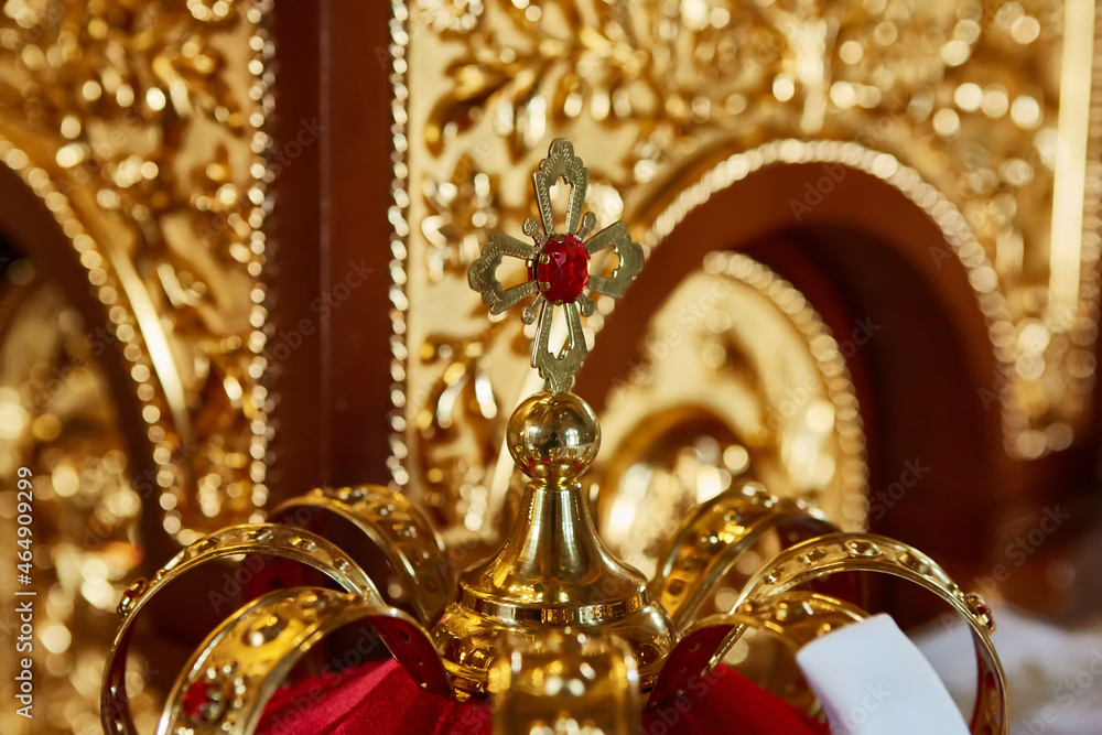 Traditional wedding crowns in a church. Wedding crown in church ready ...
