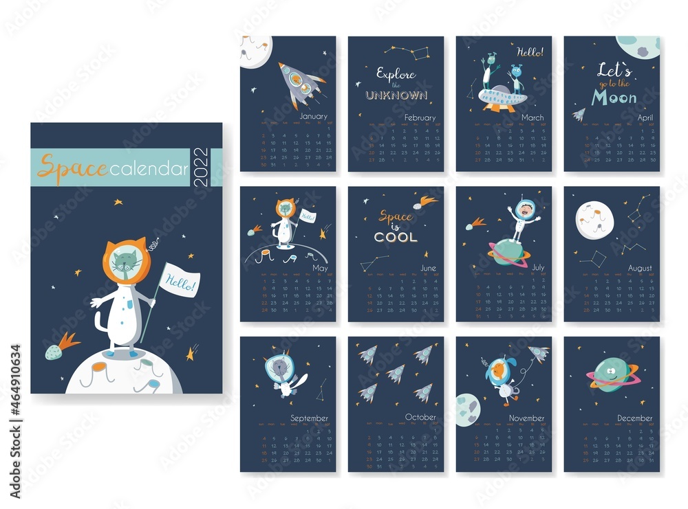 Vector de Stock Space Calendar 2022 for kids. Templates with space ...