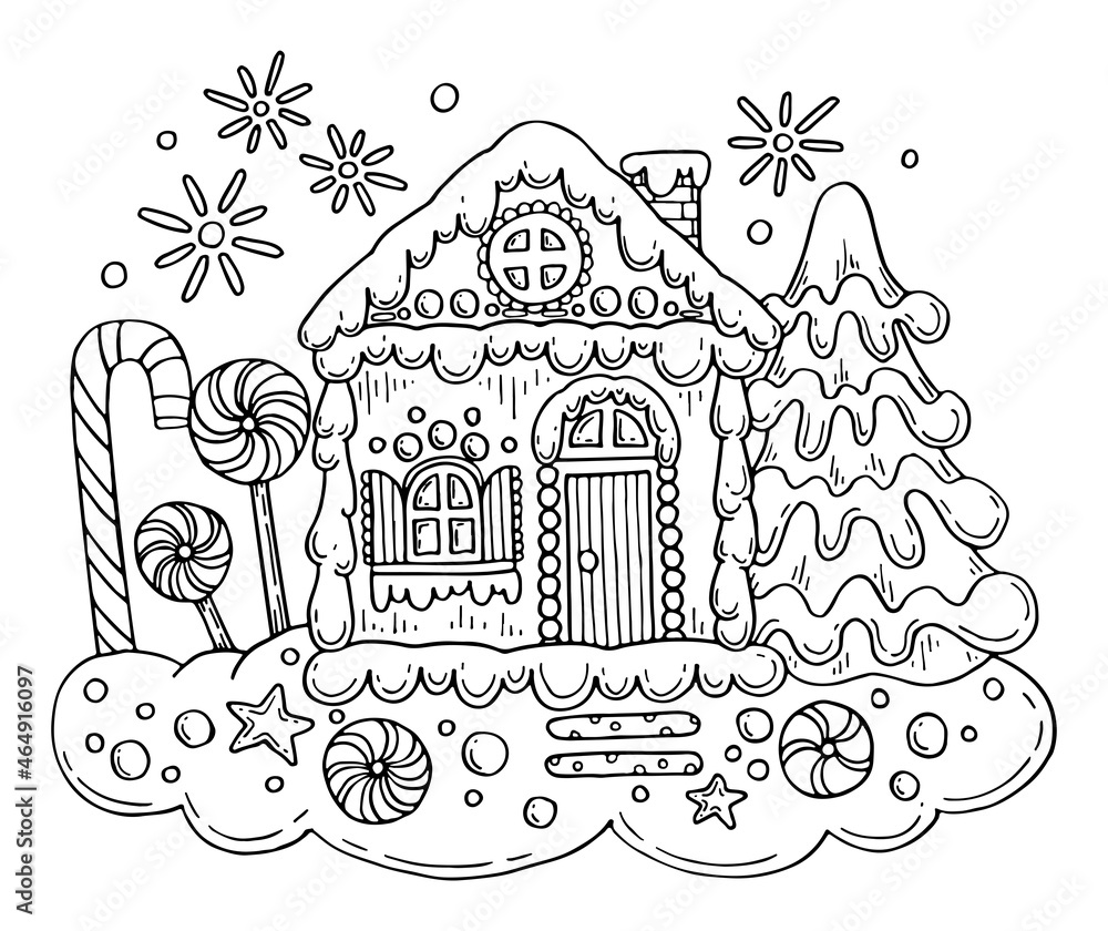 Christmas gingerbread house vector coloring page. Holiday sweets ...