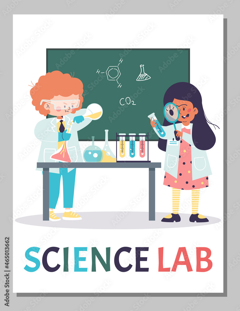 Science lab for kids banner or poster template flat cartoon vector ...