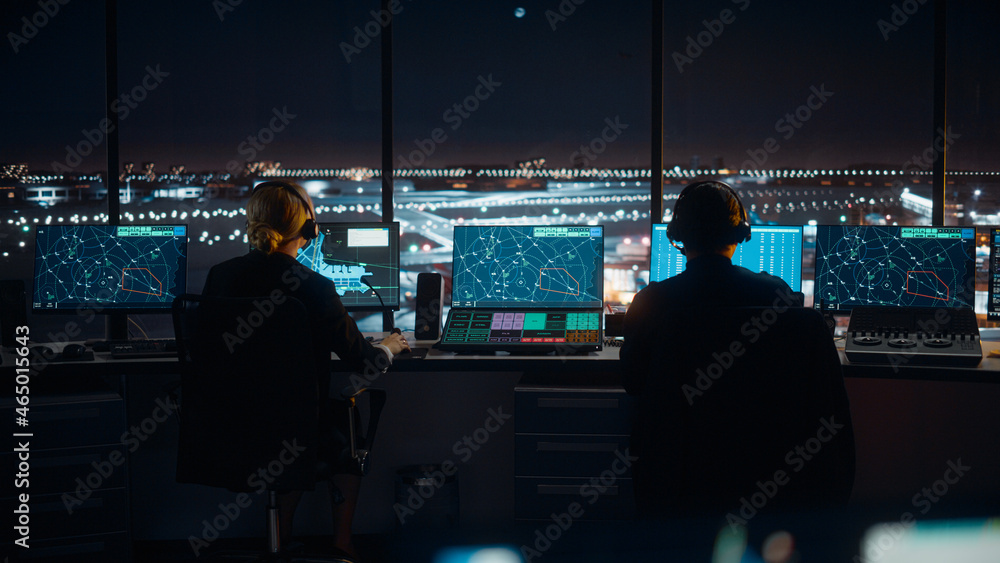 Diverse Air Traffic Control Team Working in a Modern Airport Tower at ...