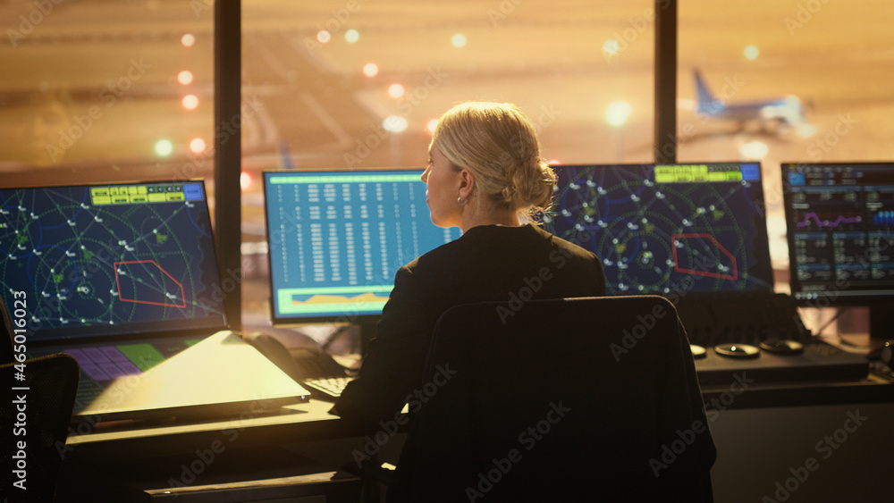 Portrait of Female Air Traffic Controller Working in Airport Tower ...