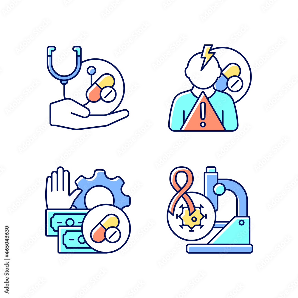 Drug-potency studies RGB color icons set. Improving treatment. Side ...