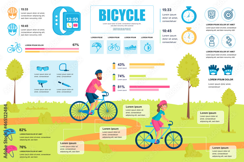Bicycle concept banner with infographic elements. Athletes in cycling ...
