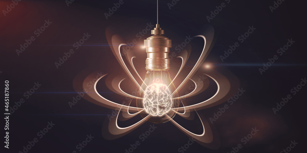 Abstract light bulb on dark background with digital brain and atom ...
