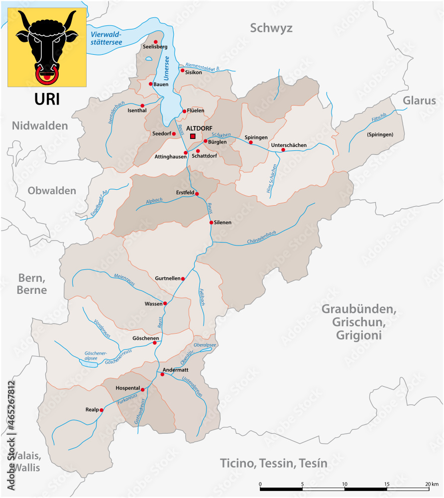 vector administrative map of the Swiss canton of Uri with flag Stock ...