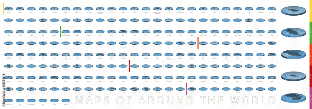 Maps of around the world in a circular isometric style, maps in a blue ...