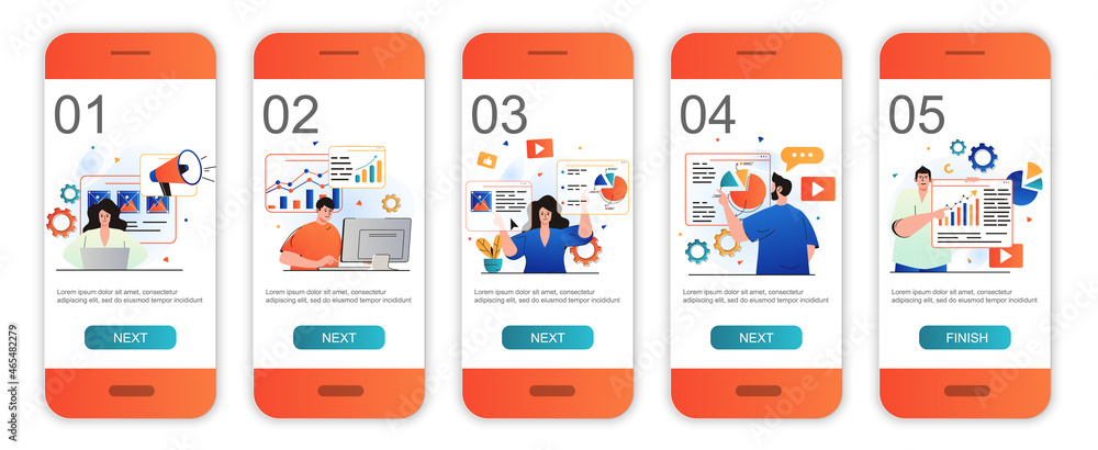 Marketing concept onboarding screens for mobile app templates. Business ...