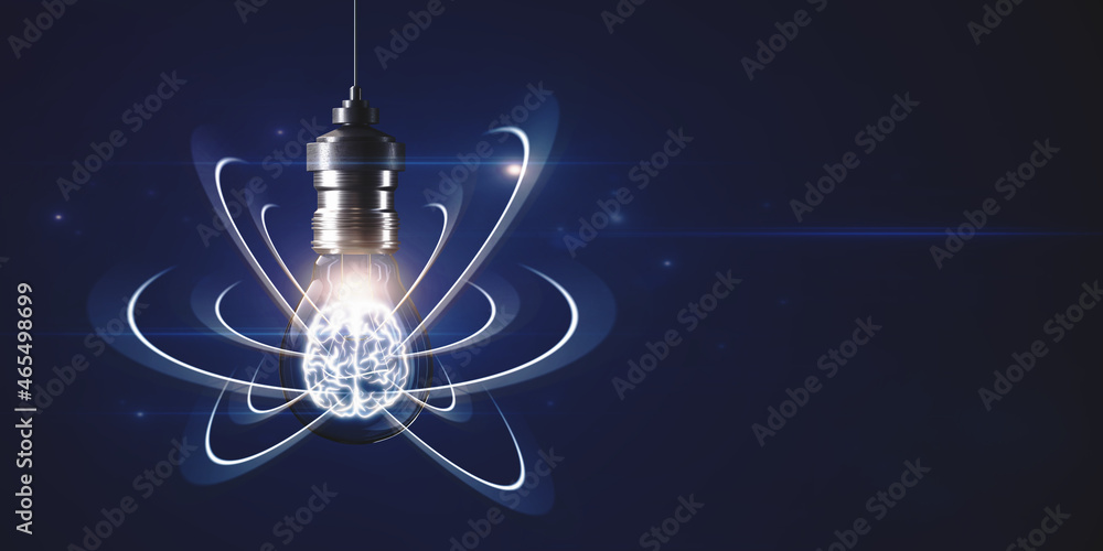 Abstract light bulb on dark backdrop with digital brain and atom ...