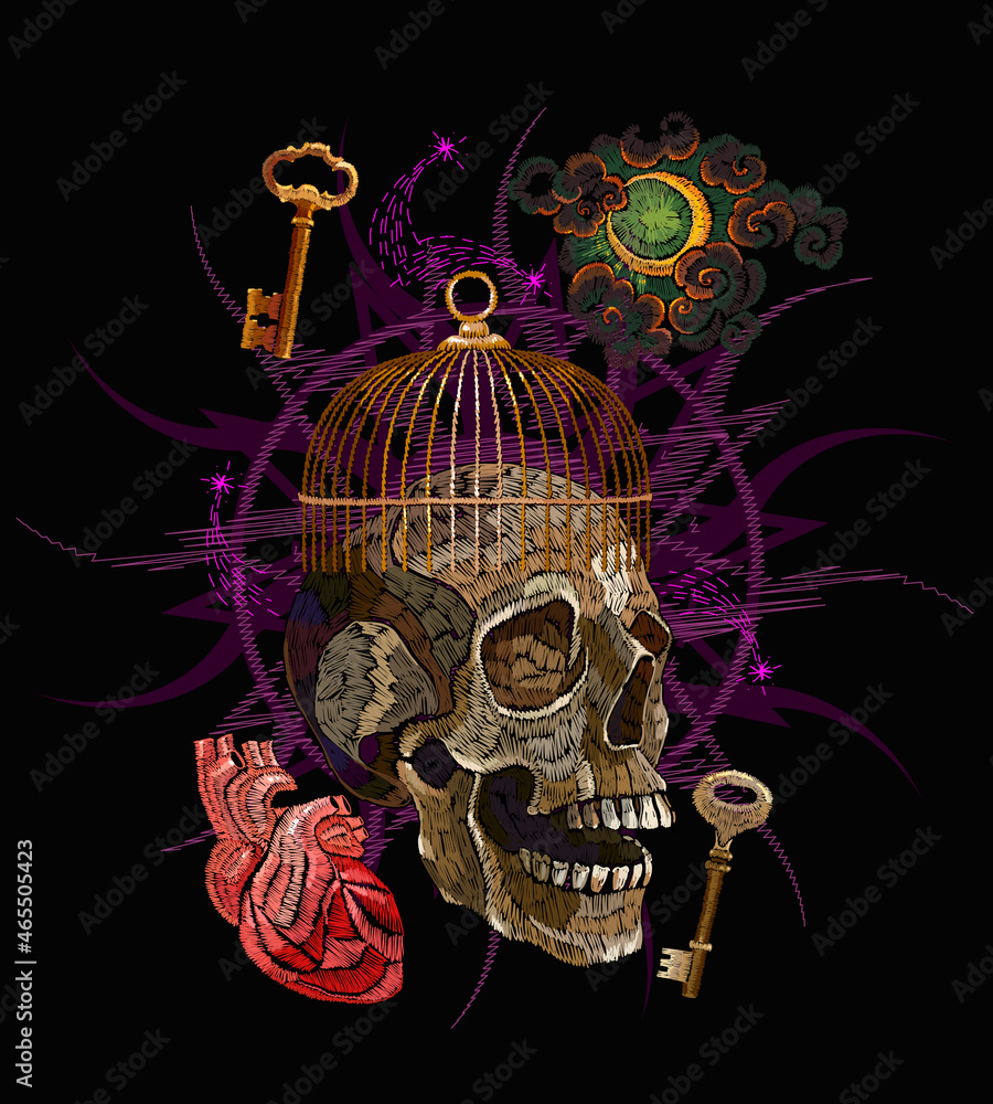 Alchemy art. Human skull, moon, golden keys and anatomical heart ...