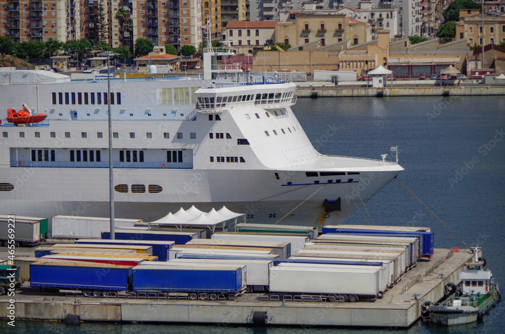 Foward section of modern passenger cargo roro ferry with containers and ...