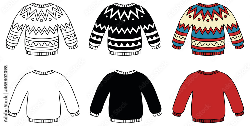 Christmas Sweater Clipart Set - Outline, Silhouette and Color Stock ...