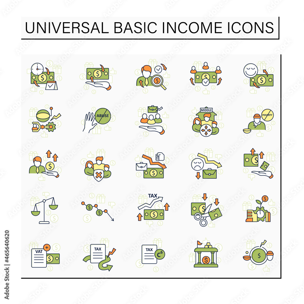 Universal basic income color icons set. Tax declaration, economic ...