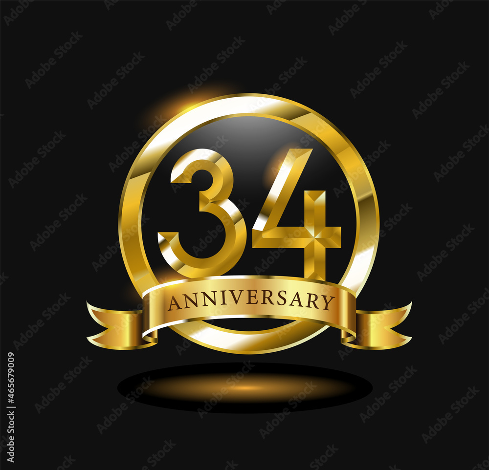 34 year anniversary celebration logo design with golden circle, vector ...