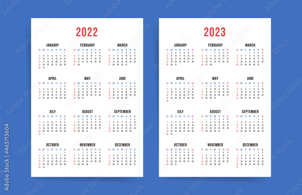 One page wall calendar design template for 2022 and 2023 years. Week ...