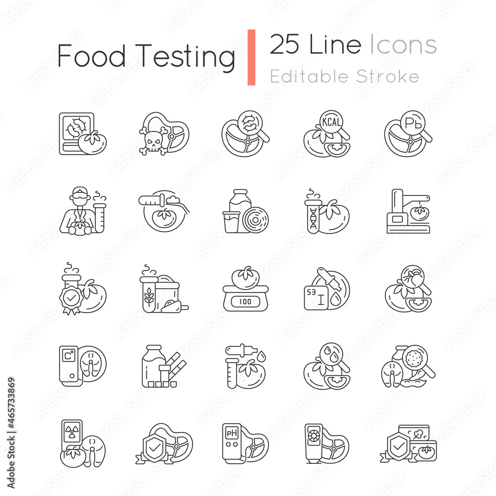 Food testing linear icons set. Examination methods. Nutrition ...