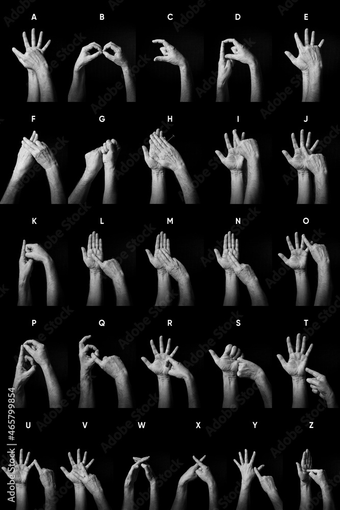 B+W image of hands demonstrating BSL sign language alphabet letters A-Z ...