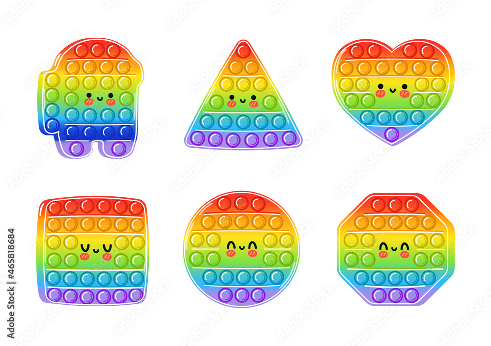 Funny cute happy popit characters bundle set. Vector kawaii line ...