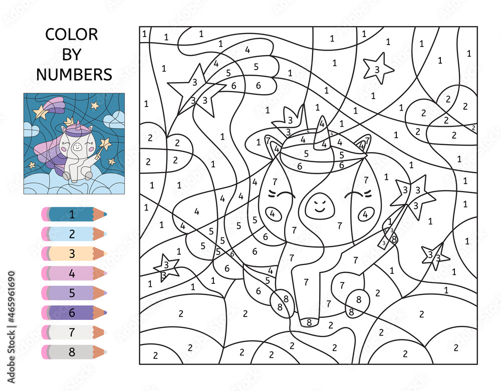 Educational game color by numbers. Cute cartoon unicorn with magic wand ...