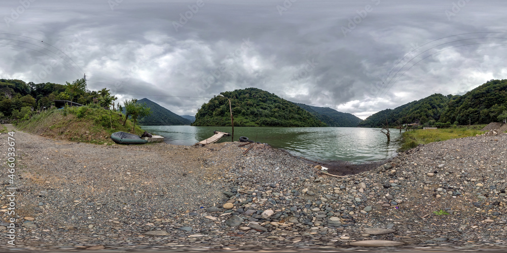 full seamless 360 hdri panorama on the stone coast of a fast mountain ...