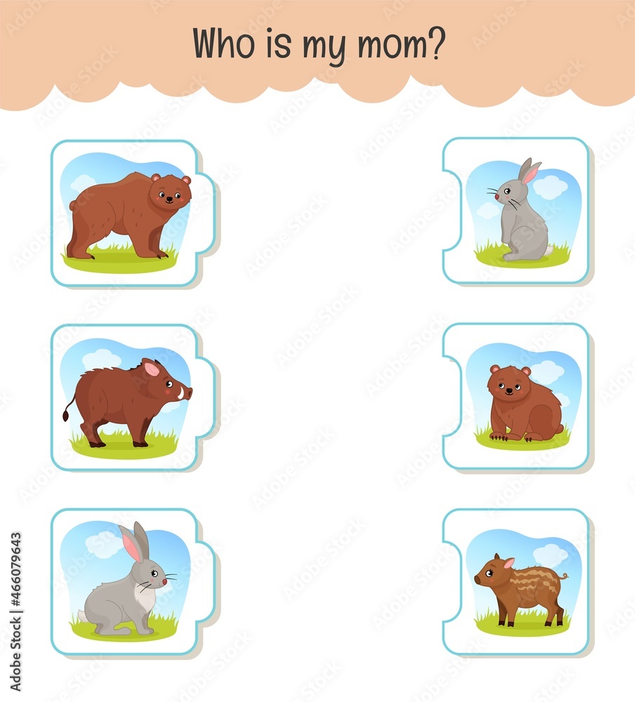 Matching children educational game. Who is my mom? Activity for pre ...