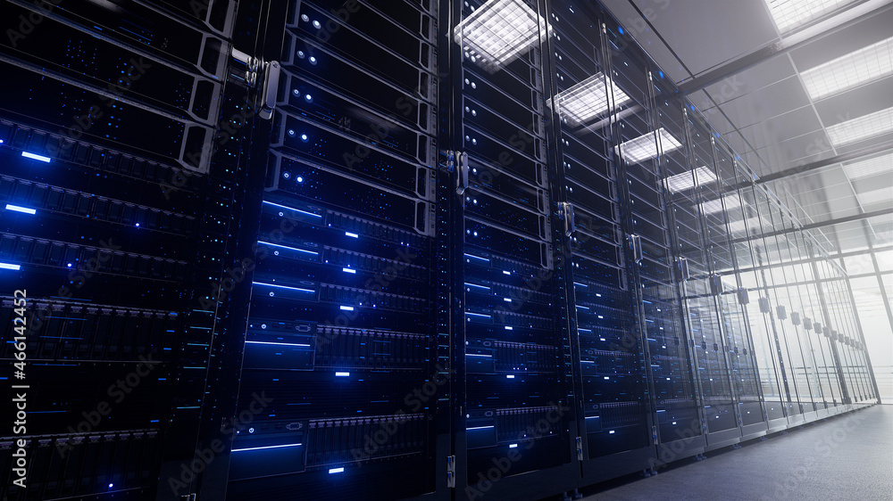 Modern interior server room data center. Connection and cyber network ...