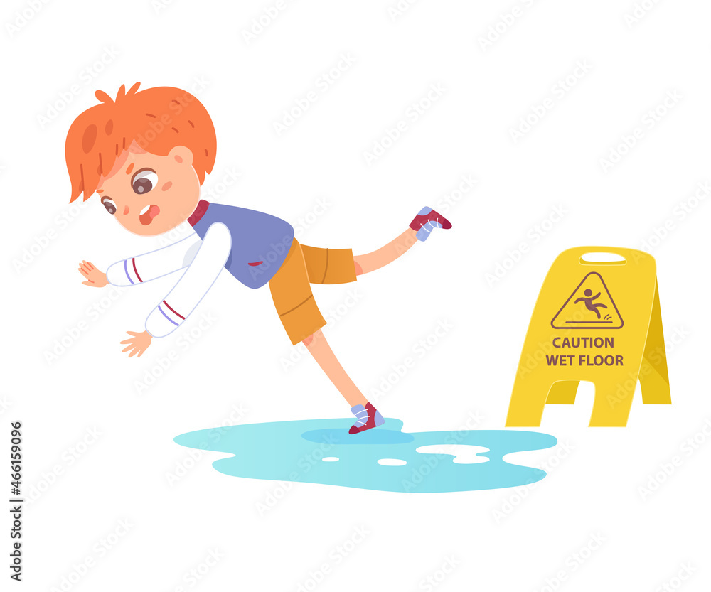 Vektor Boy slipping on clean slippery floor vector illustration ...