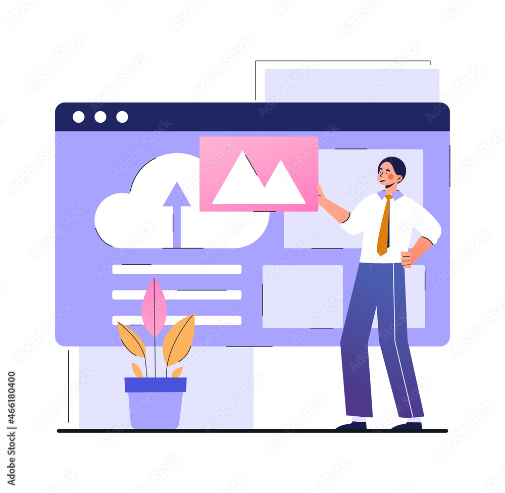 Shared document concept. Young Man stands next to screen and uploads ...