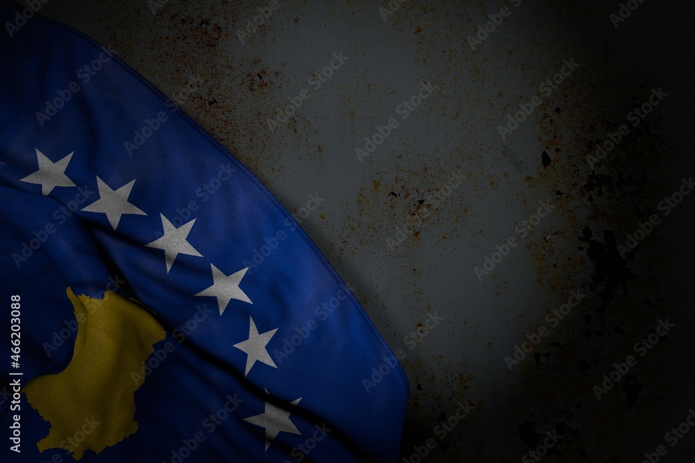 Pretty Dark Picture Of Kosovo Flag With Large Folds On Rusty Metal With