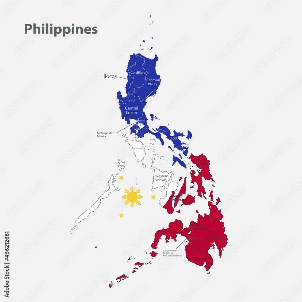 Map of the Philippines in the colors of the flag with administrative ...