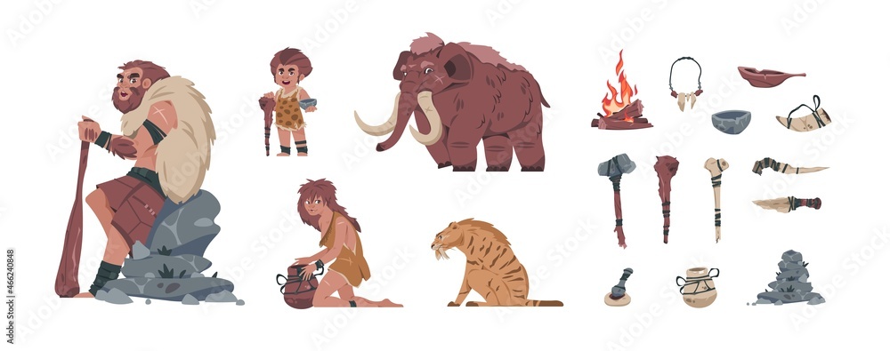 Primitive men. Cartoon prehistoric family with ancient stone and bone ...