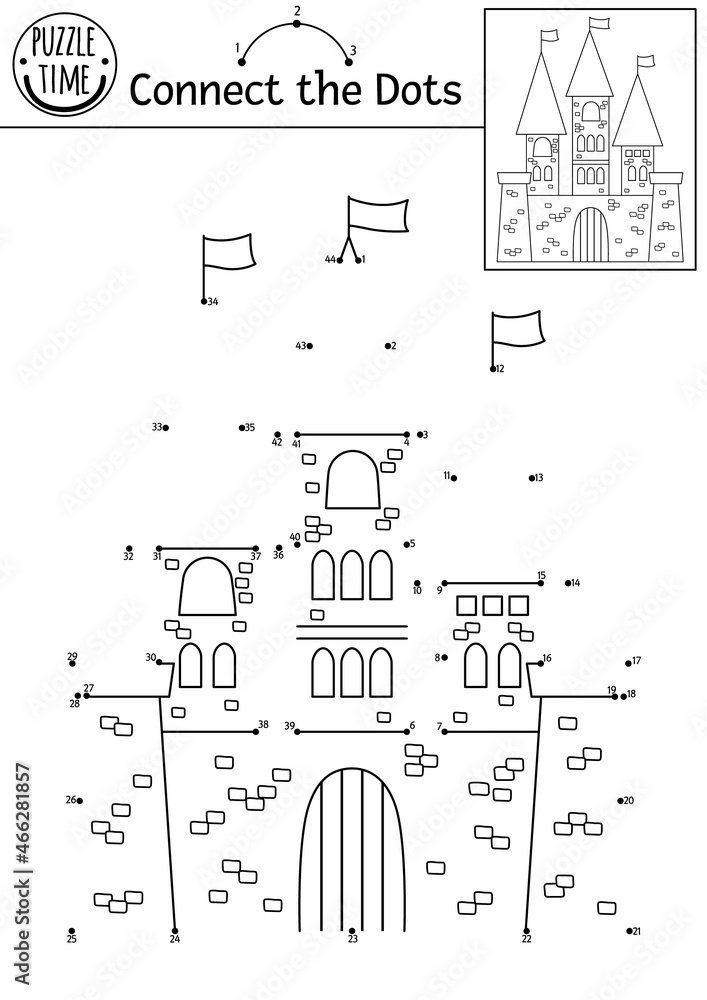 Стоковий вектор Vector dot-to-dot and color activity with cute castle ...