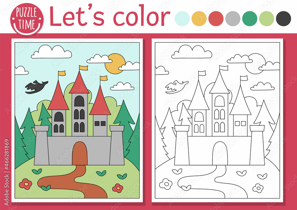 Magic kingdom coloring page for children with castle and forest ...