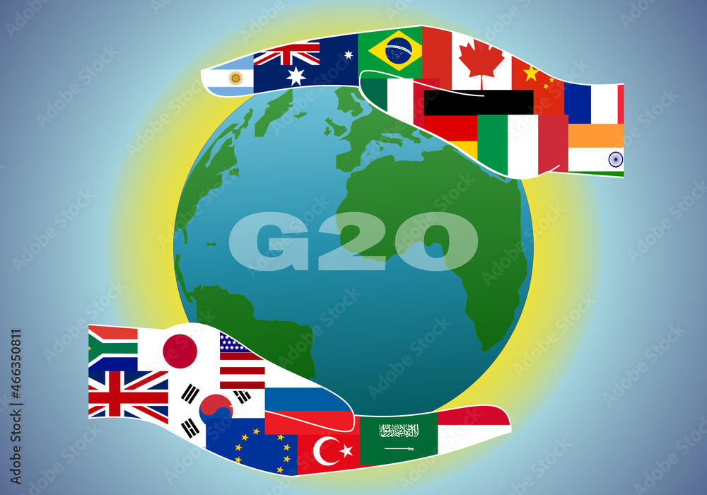 Vetor Cumbre del G2O. Banderas de los países miembros de la cumbre del ...