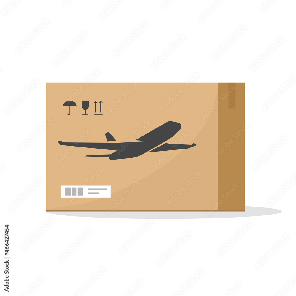 Parcel package box delivery by airmail plane vector concept or export ...