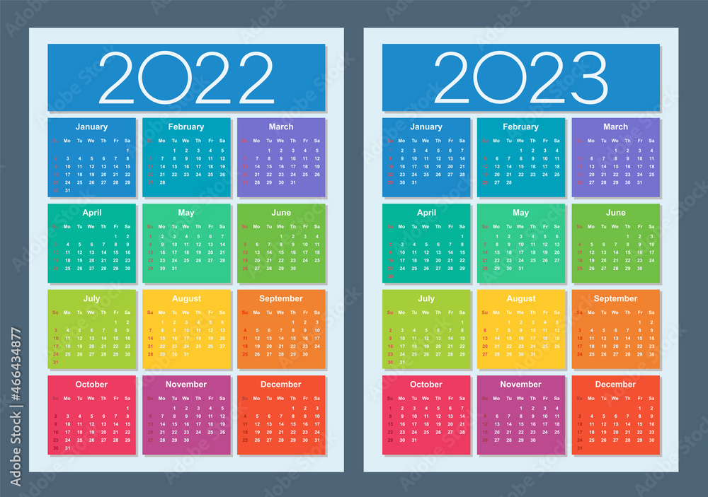Colorful calendar for 2022, 2023 years. Week starts on Sunday. Vertical ...