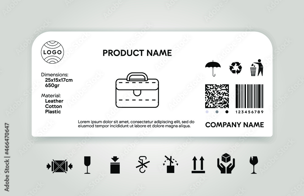 Product description sticker. Goods id card. Dimensions and material ...