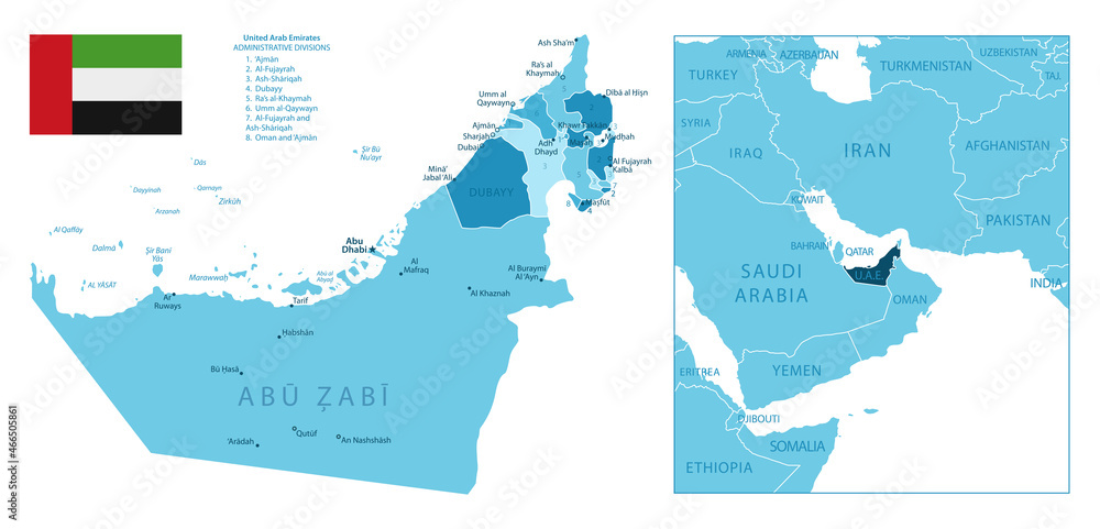 United Arab Emirates - highly detailed blue map. Stock Vector | Adobe Stock