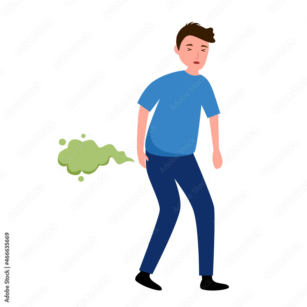 Man farting with smelly from his bottom in flat design on white ...