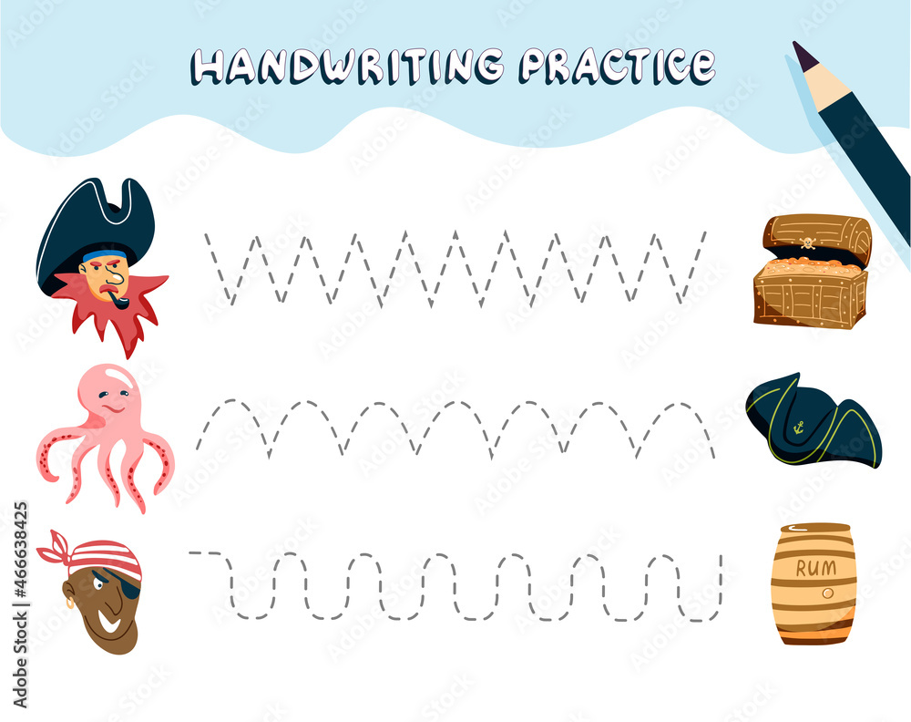Preschool pirate worksheet for practicing fine motor skills, tracing ...